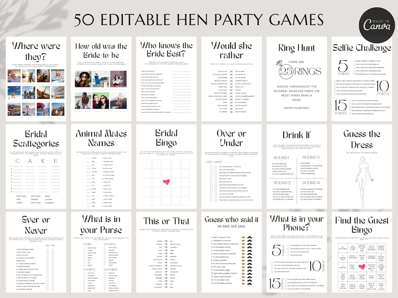 Modern Hen Do Games Printable Hen Party Games Editable Bridal Shower ...