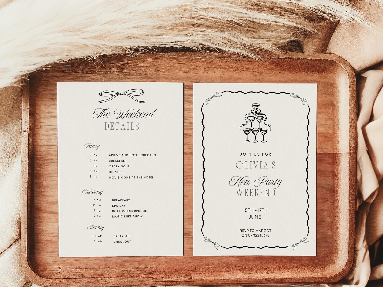 Editable Black Bow Hen Party Invite & Itinerary | Digital Hen Weekend ...