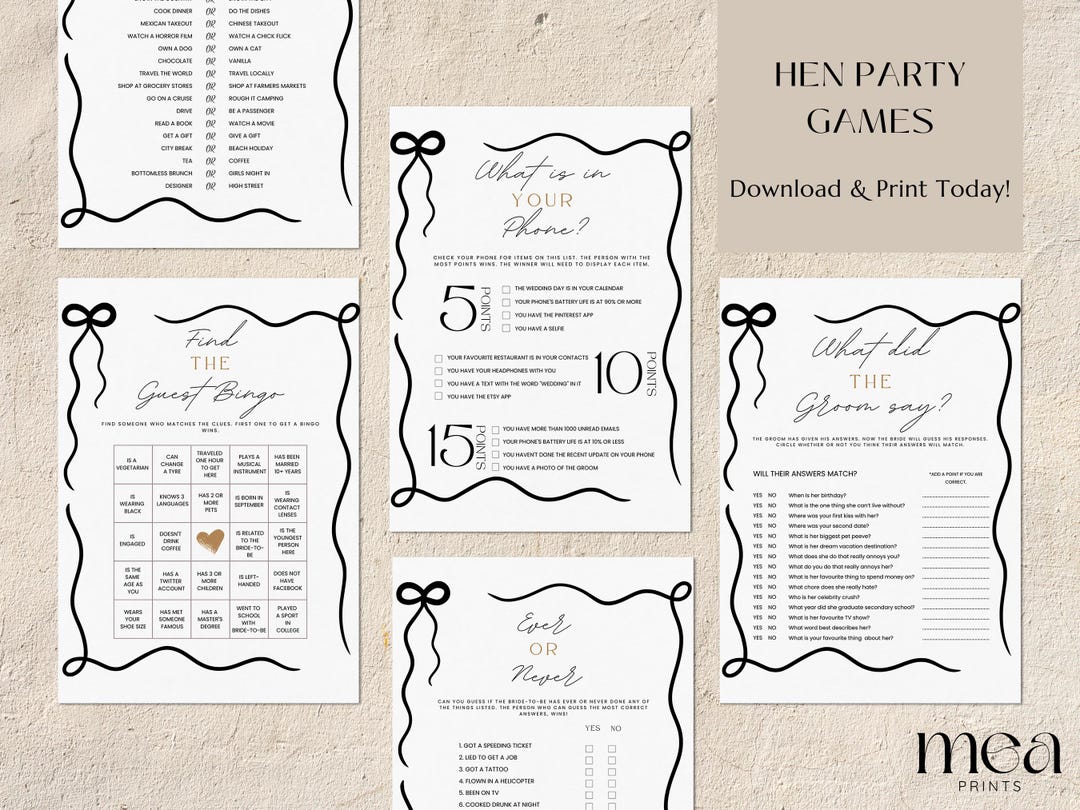 Black Bow Themed Hen Do Games Printable Hen Party Games Editable Bridal ...