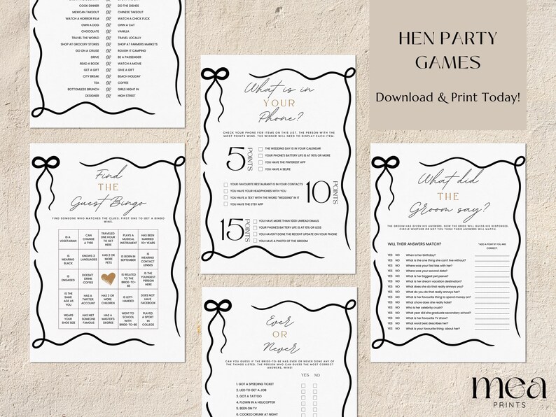 Black Bow Themed Hen Do Games Printable Hen Party Games Editable Bridal ...