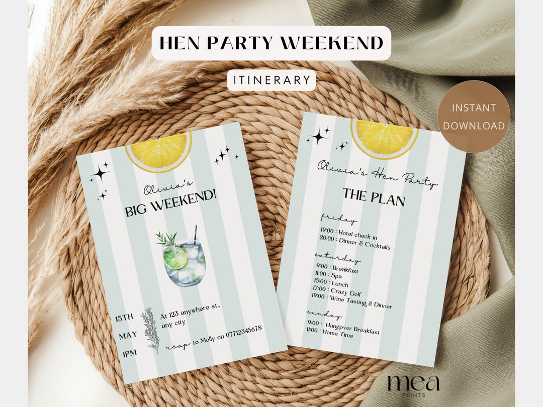 Editable Gin Theme Hen Party Invite & Itinerary | Digital Hen Weekend ...