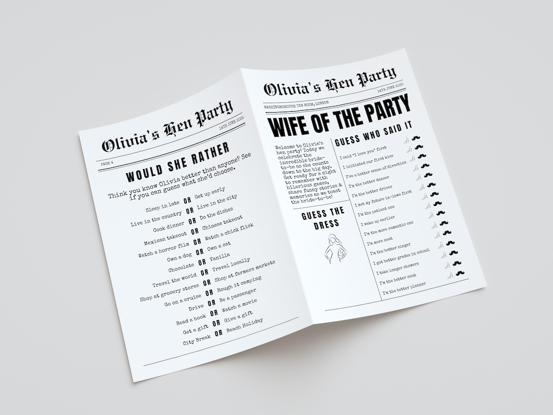 Personalised Newspaper Style Hen Do Games | Hen Party Games | Bridal ...