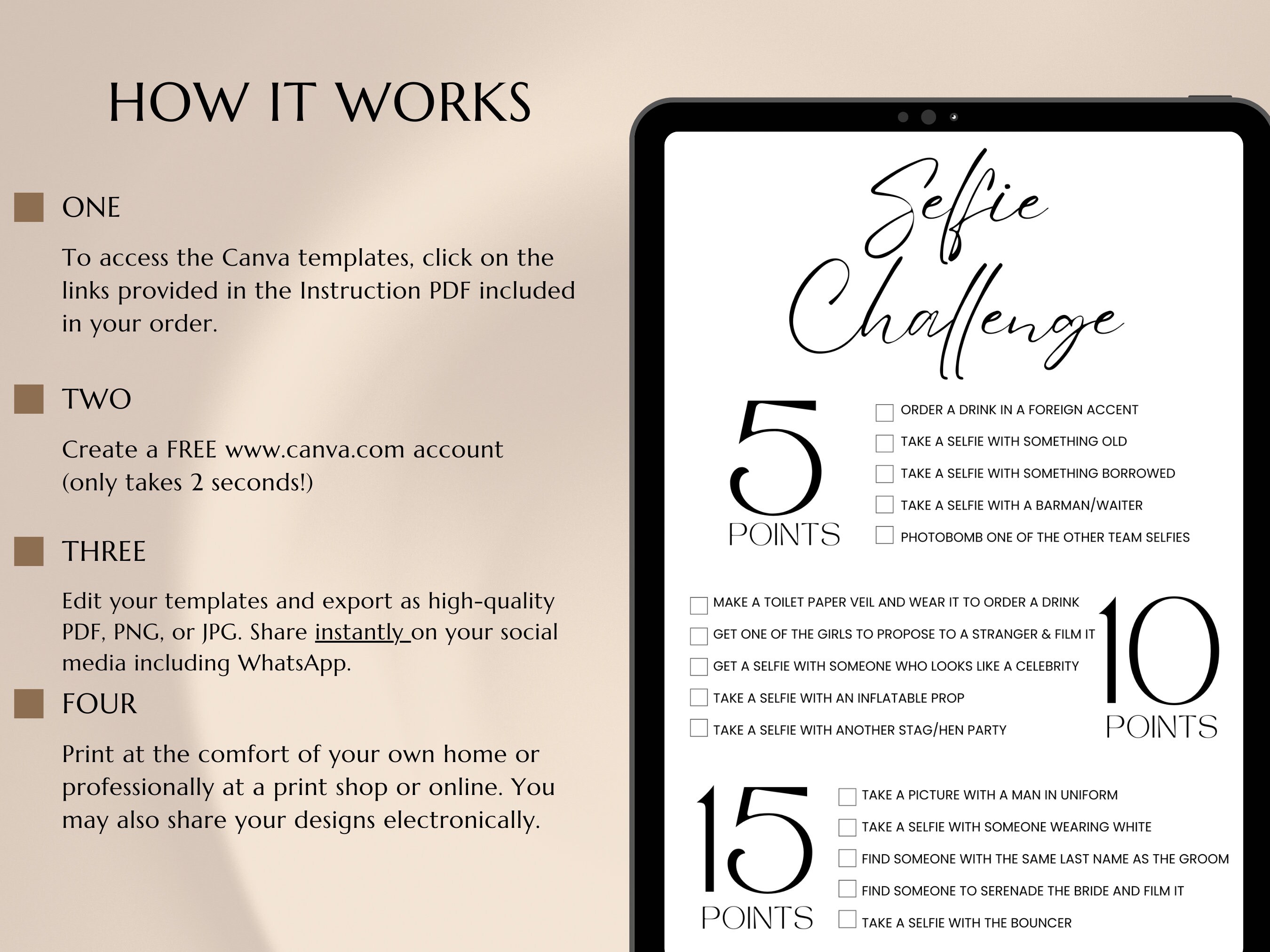 Selfie Challenge Hen Do Game Printable Hen Party Games Editable Bridal ...