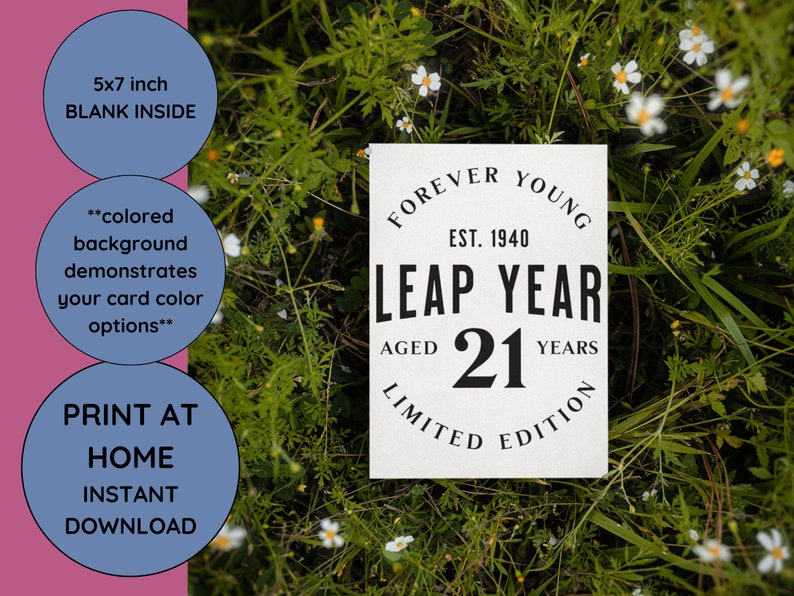 Leap Year 1940 Aged 21 Years Minimalist Birthday Card DIY Card Digital ...