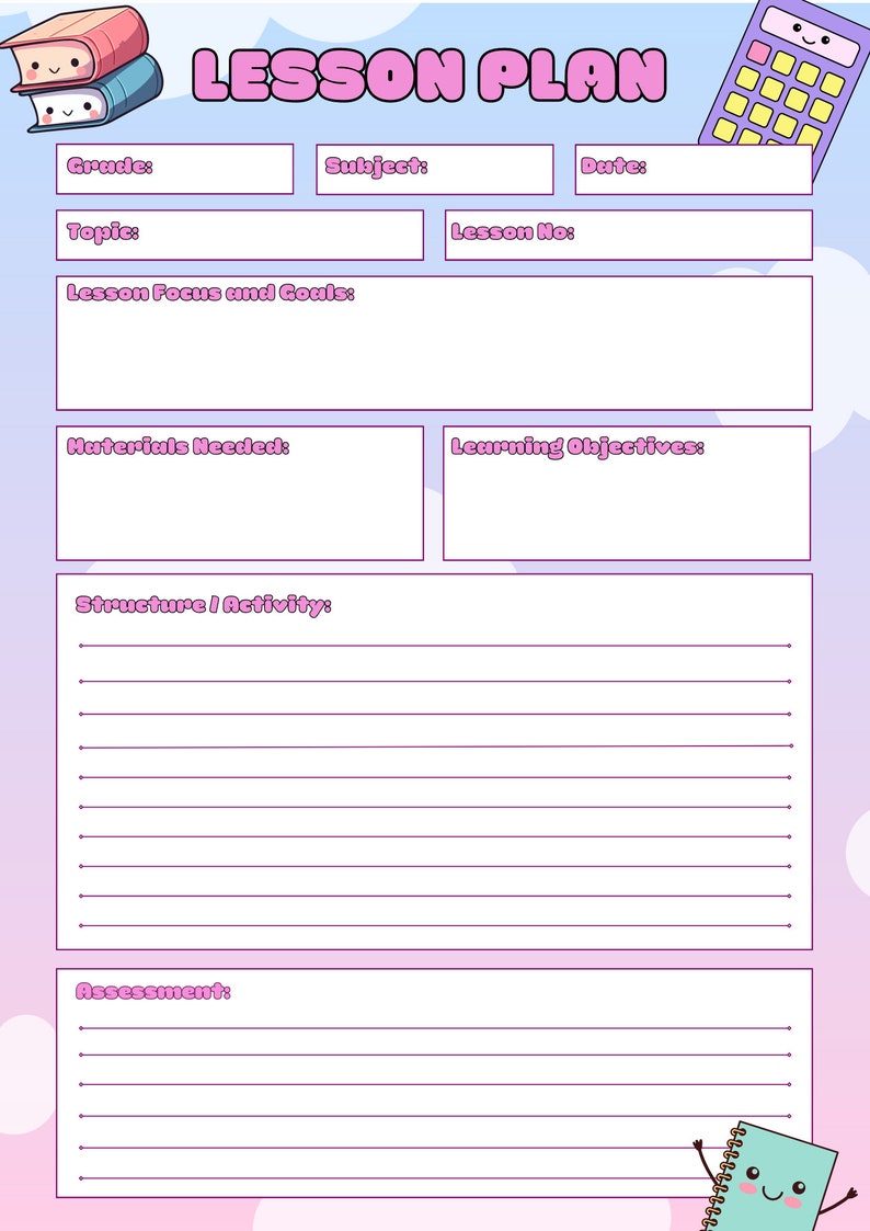 Cute Kawaii Lesson Plan Template, Printable Daily Lesson Planner ...