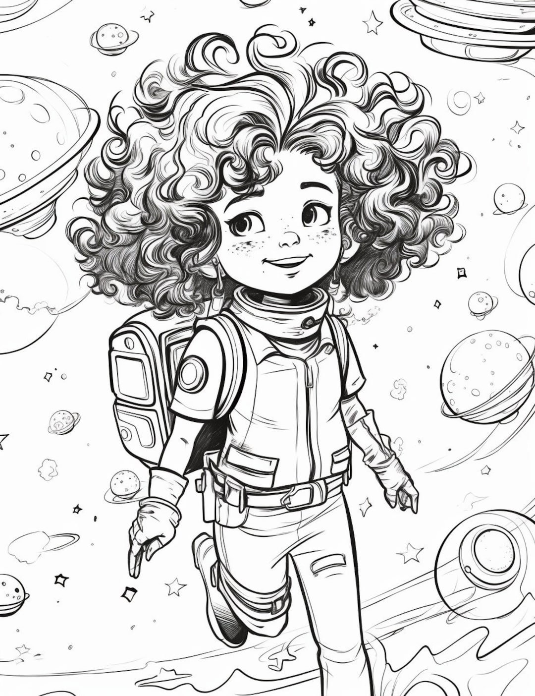 Curly-haired Space Cadet, Girl Astronaut, Girl in Space, Coloring Page ...