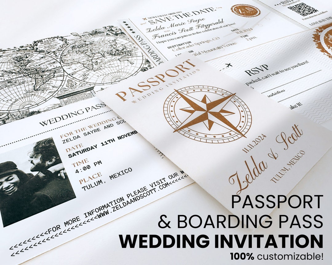 Passport Wedding Invitation, Destination Wedding Boarding Pass Template, Travel Theme Invitation ...