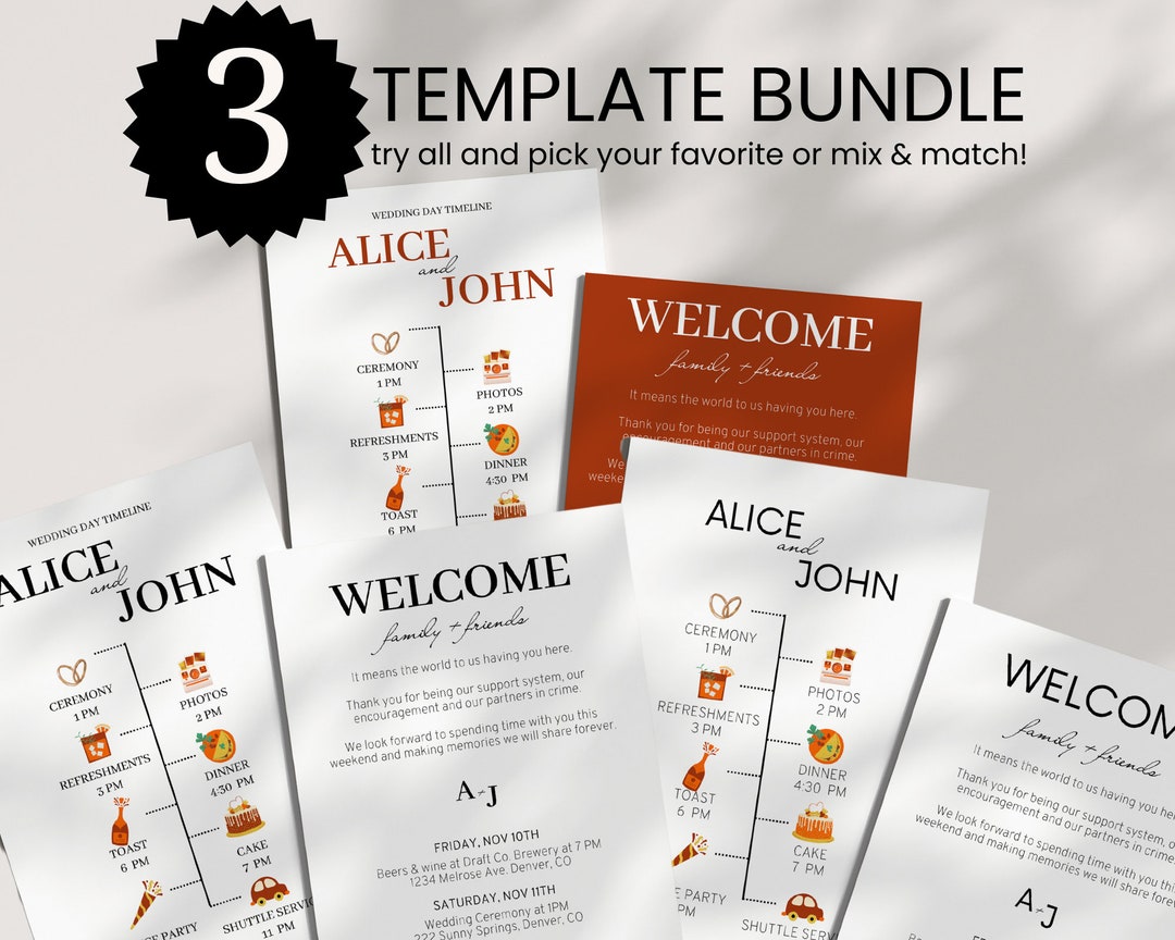 WEDDING PROGRAM BUNDLE Weekend Timeline Template, Editable Welcome Card ...