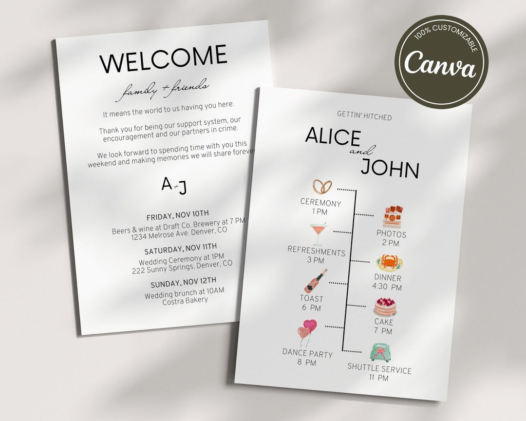 Modern Welcome Letter & Timeline Template, Wedding Weekend Itinerary ...