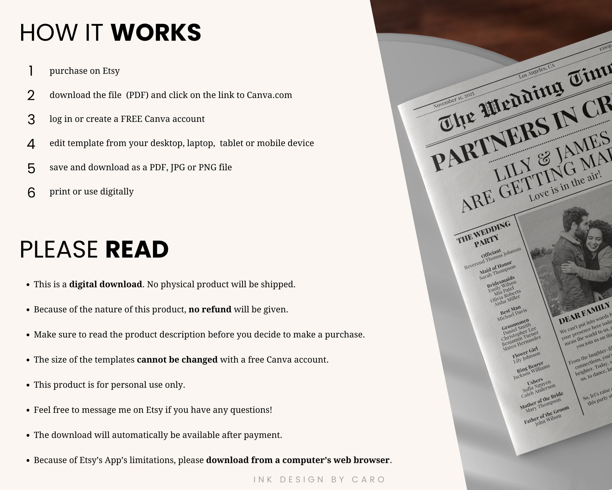 Wedding Day Newspaper Program Template, 4 Page Folded Wedding Newspaper ...