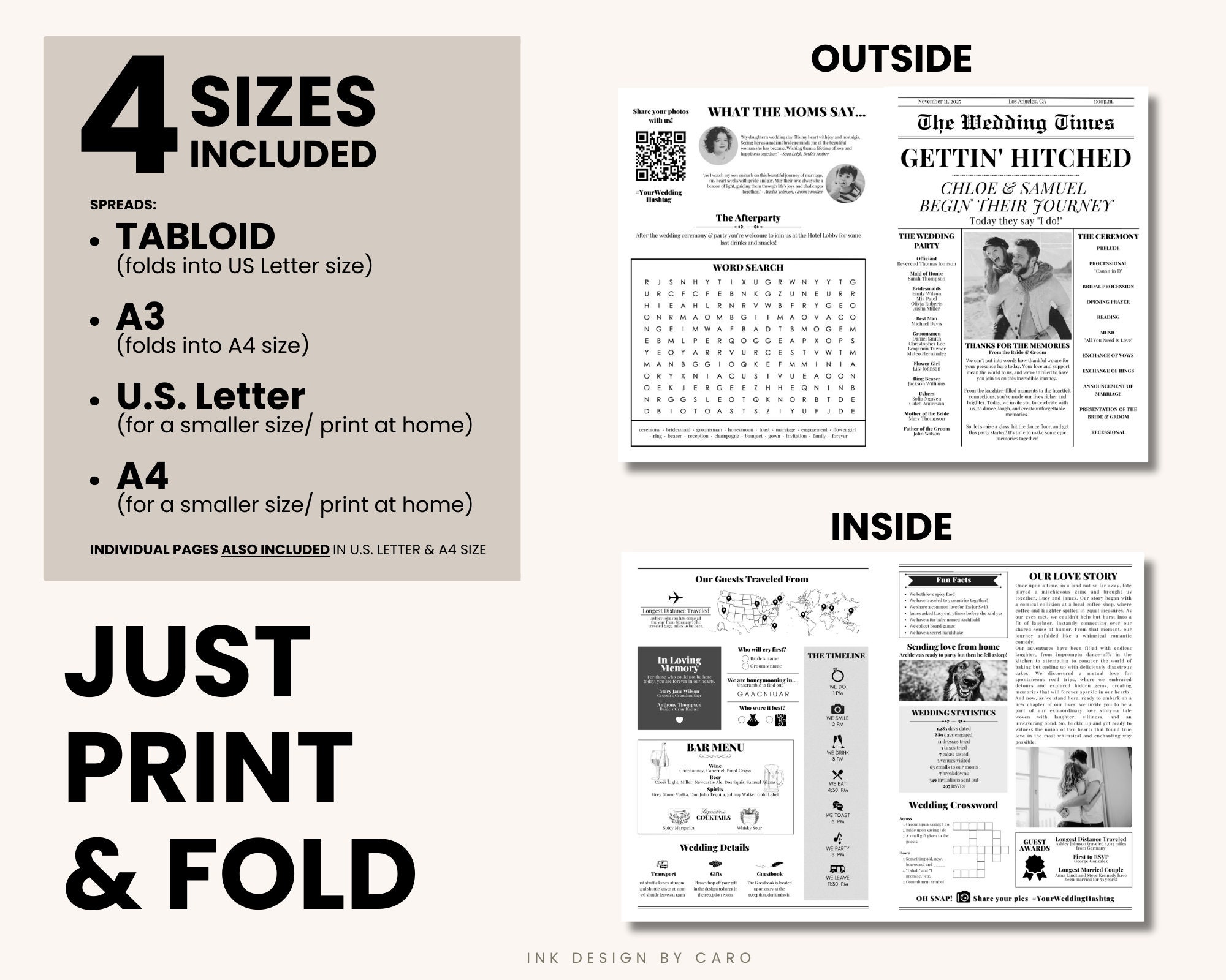 Wedding Day Newspaper Program Template, 4 Page Folded Wedding Newspaper ...