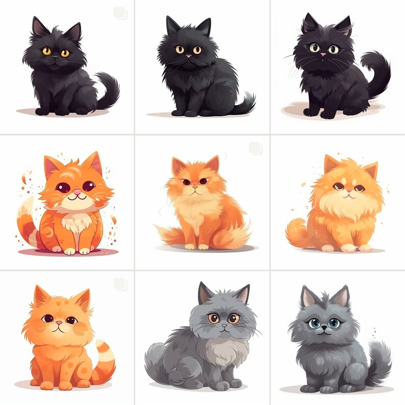 Watercolor Fluffy Cats Clipart Cute Fluffy Cats and Kittens With ...