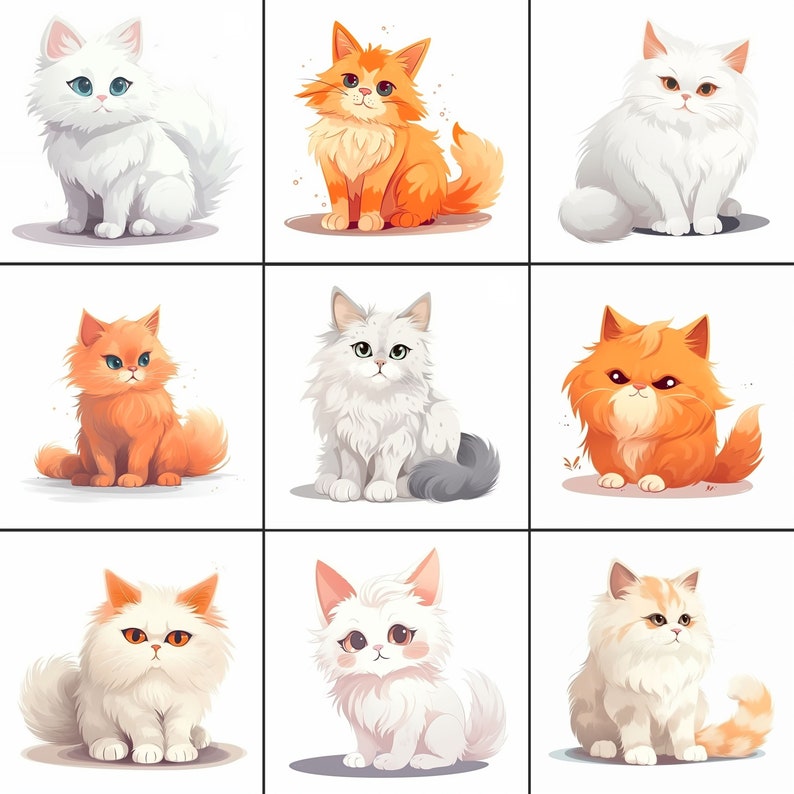 Watercolor Fluffy Cats Clipart - Cute Fluffy Cats and Kittens With ...