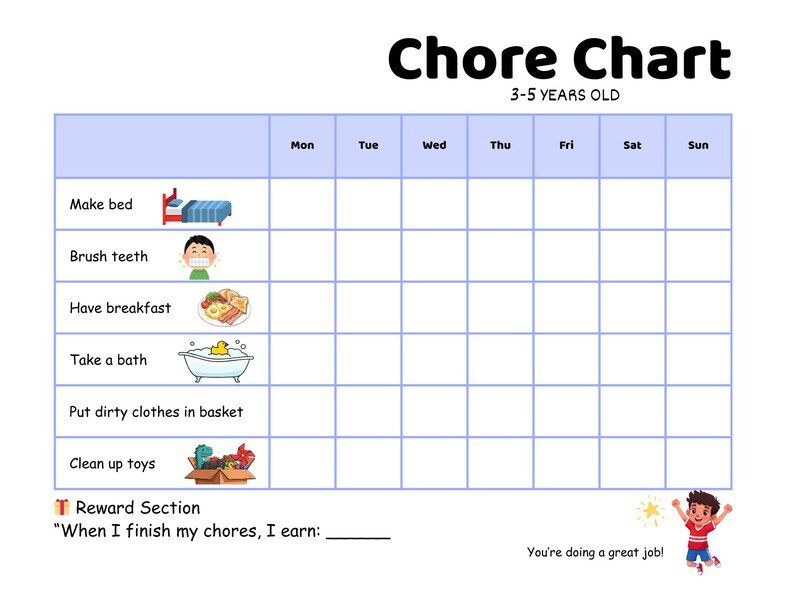 Printable Kids Chore Chart for Toddlers (ages 3–5) – Customizable ...