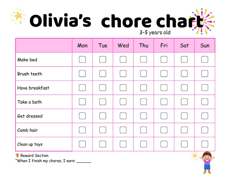 Printable Kids Chore Chart for Toddlers (ages 3–5) – Customizable ...