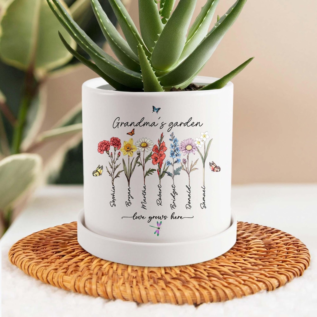 Personalized Grandma's Garden Plant Pot, Birth Month Flower Plant Pot ...