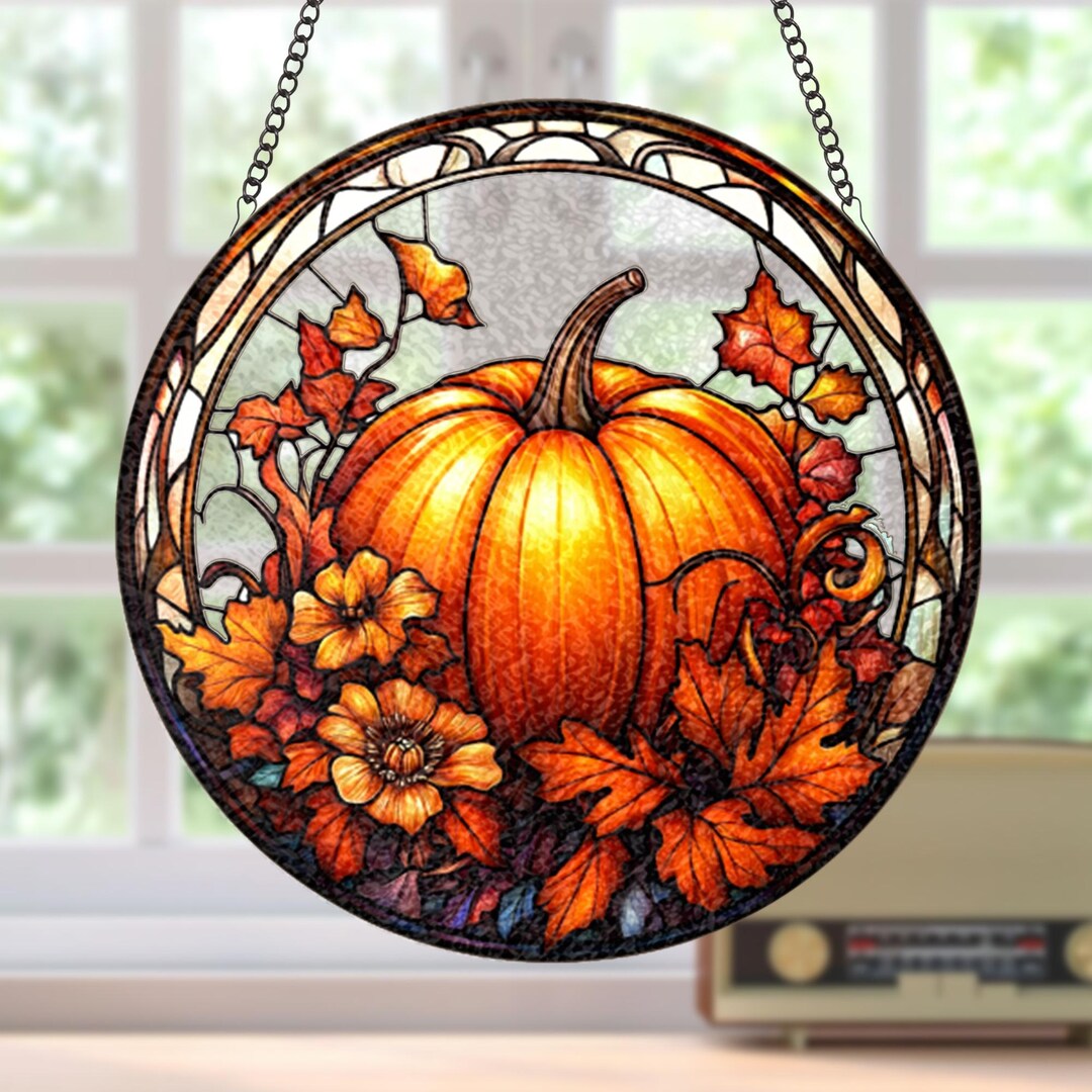 Fall Pumpkin Decor Stained Glass Window Suncatcher, Pumpkin Fall Vibes ...