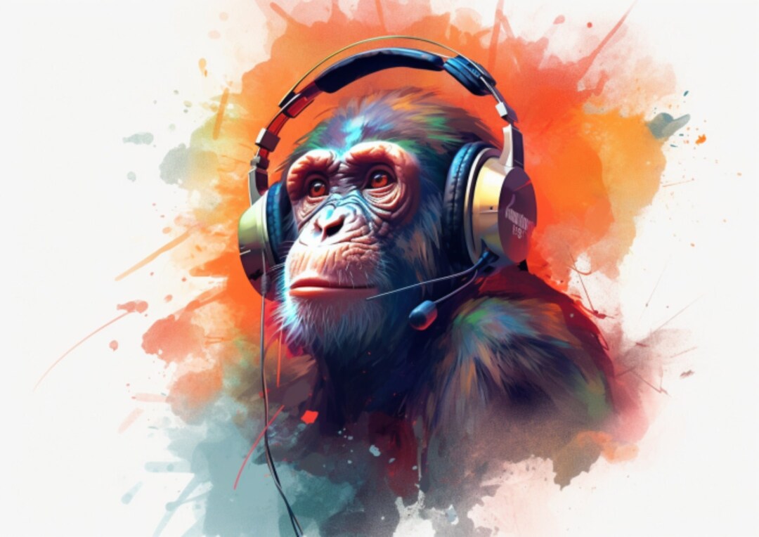 Monkey With Headset Listening to Music Digital Art - Etsy