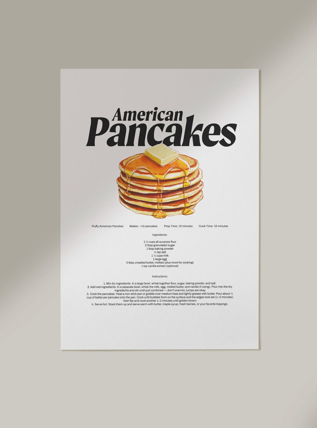 Pancake Recipe Poster, Kitchen Print, Baker Gifts, Kitchen Decor ...