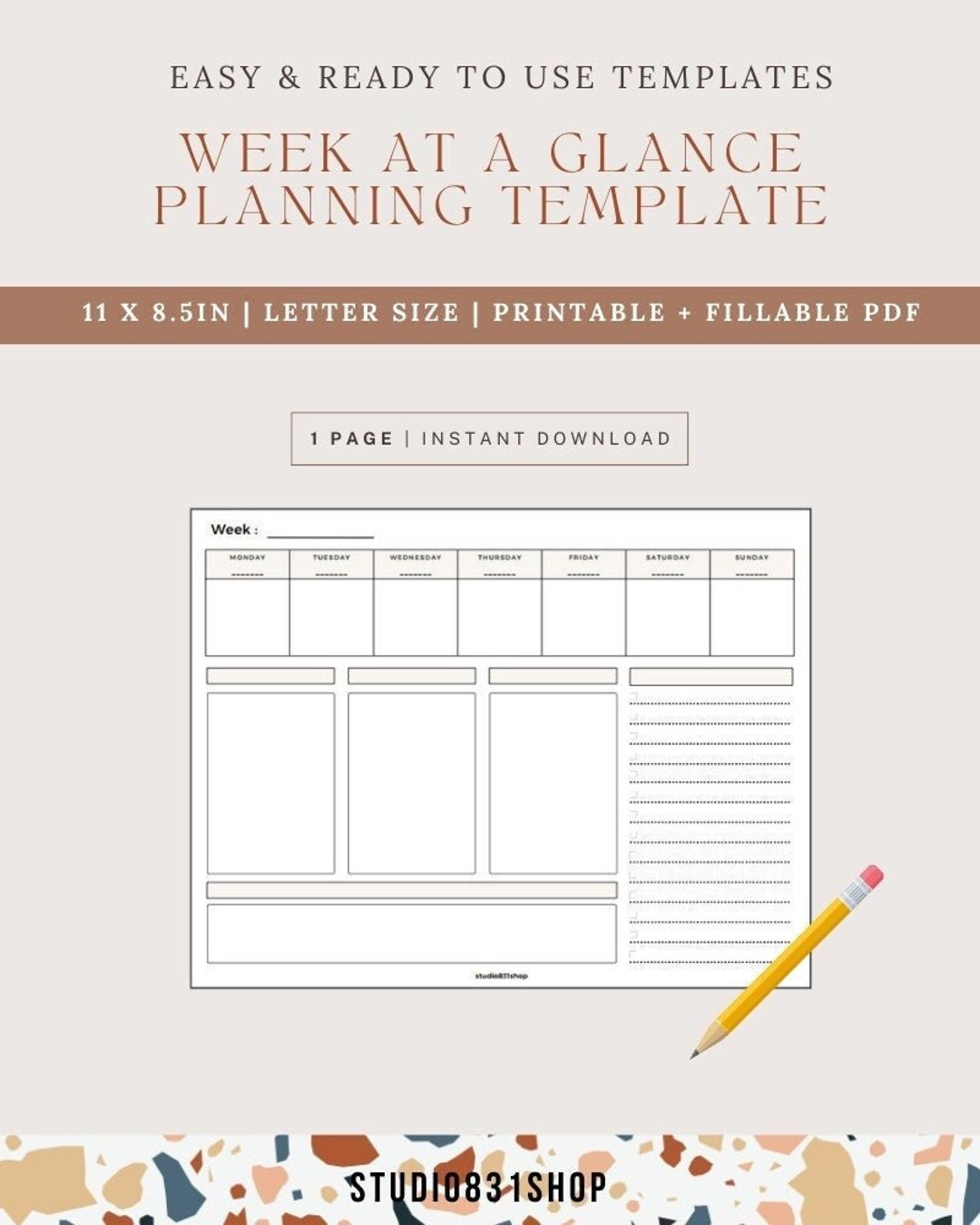 Week at A Glance Planning Template, Fillable and Printable PDF, Planner ...