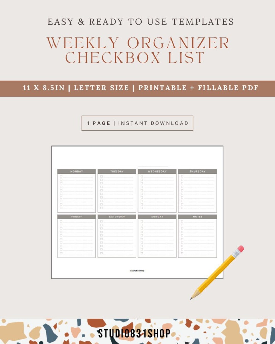 Weekly Organizer Checkbox List, Printable and Fillable PDF, Weekly ...