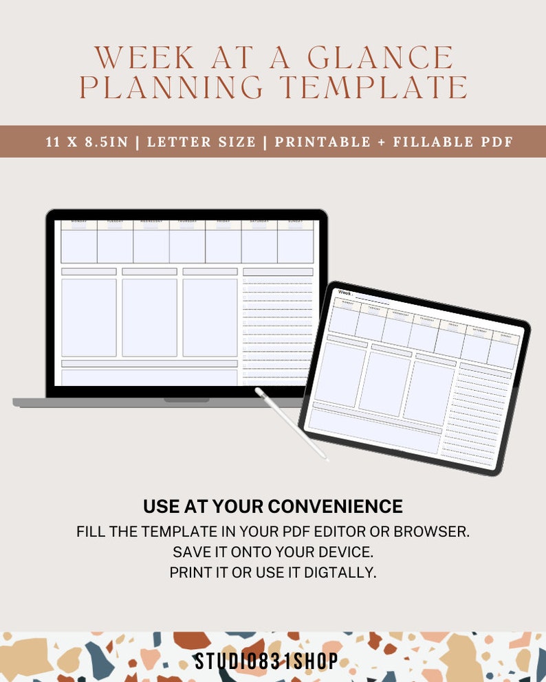 Week at A Glance Planning Template, Fillable and Printable PDF, Planner ...