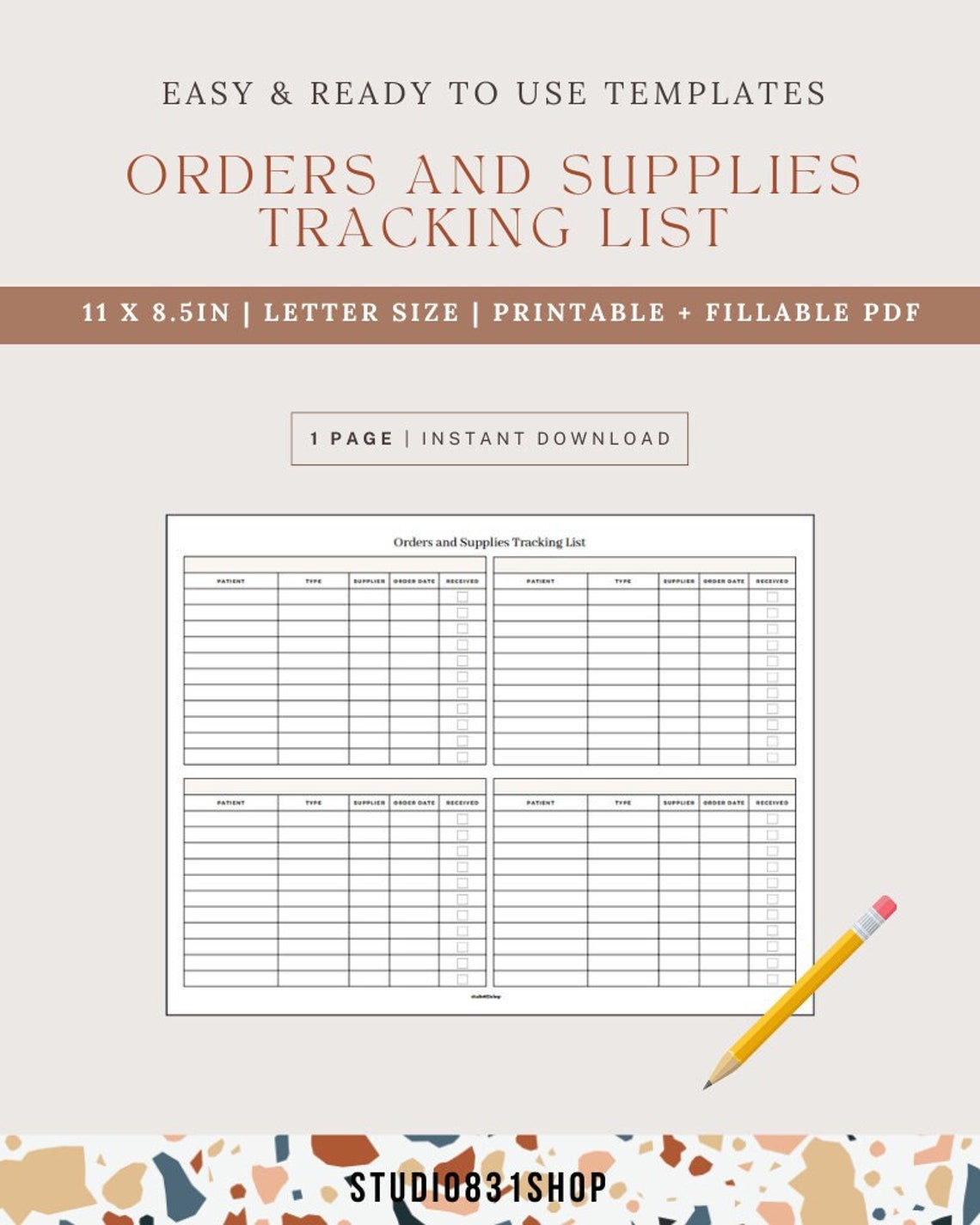 Patient Order and Supplies Tracking List, Therapy Notes, Supplies ...