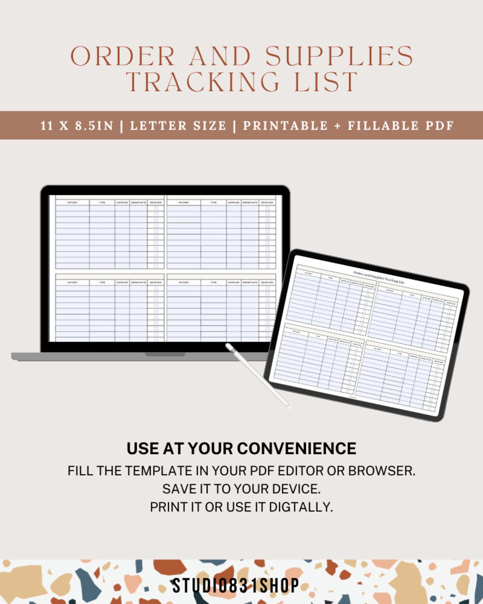 Patient Order and Supplies Tracking List, Therapy Notes, Supplies ...