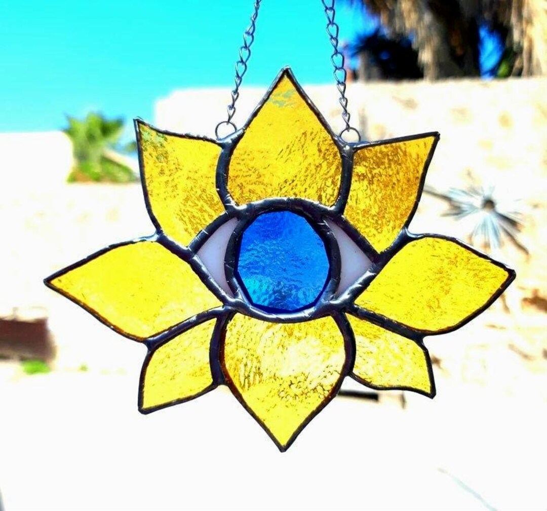 Lotus Evil Eye Stained Glass Suncatcher, Yoga Lovers Gift, Greek Mati ...