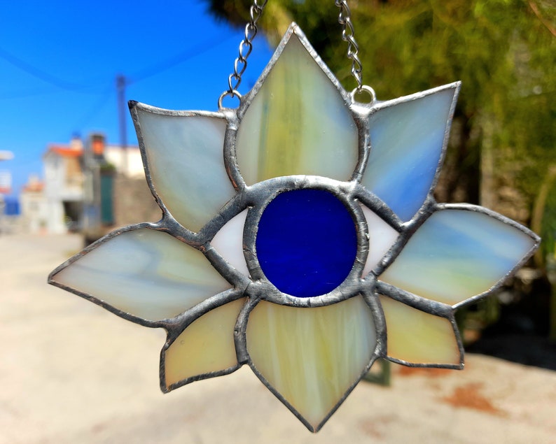 Lotus Evil Eye Stained Glass Suncatcher, Yoga Lovers Gift, Greek Mati ...