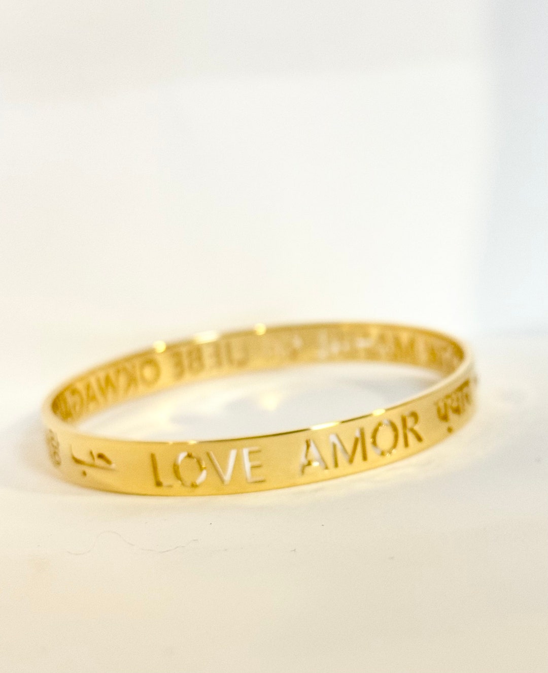 Solid Gold Love Language Bangle, Universal Love, 10 Languages - Etsy