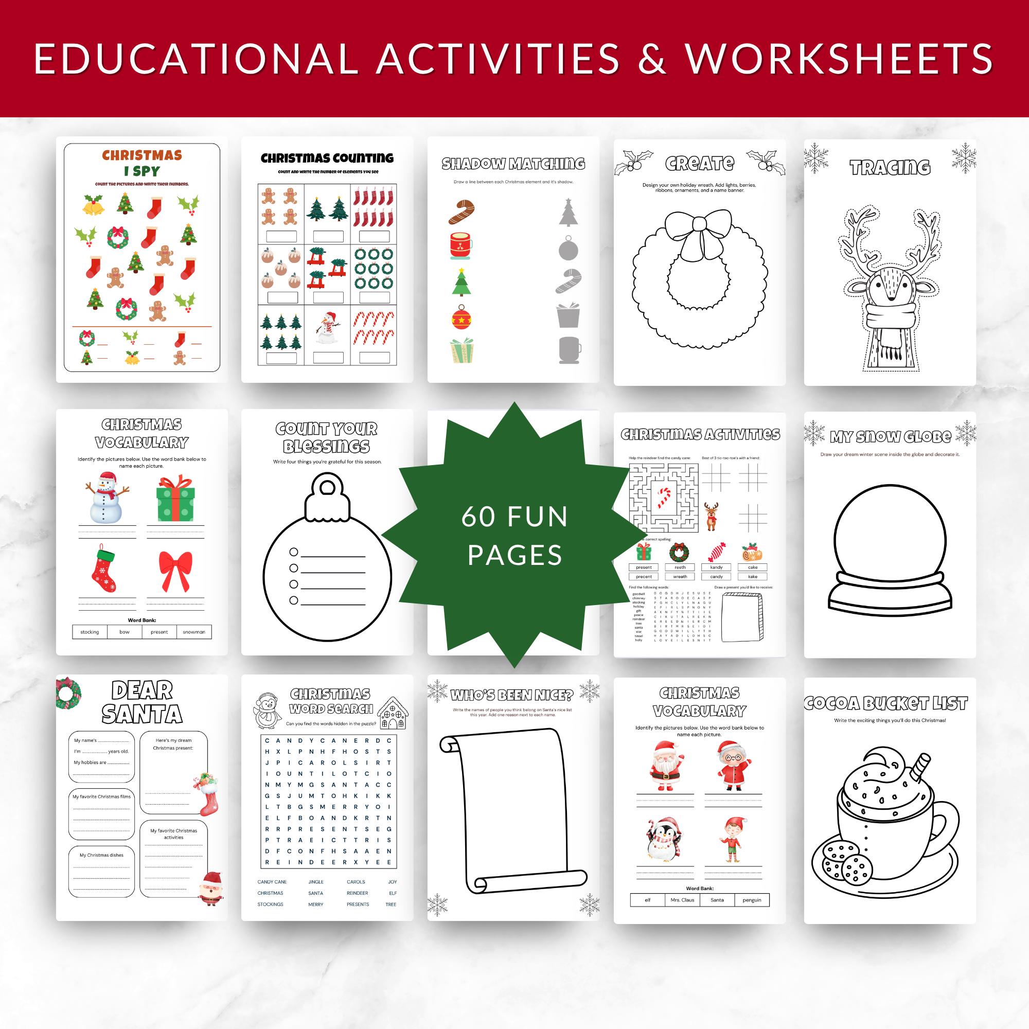 Kids Christmas Worksheets | 60 Holiday Activity Pages, Coloring, Games ...
