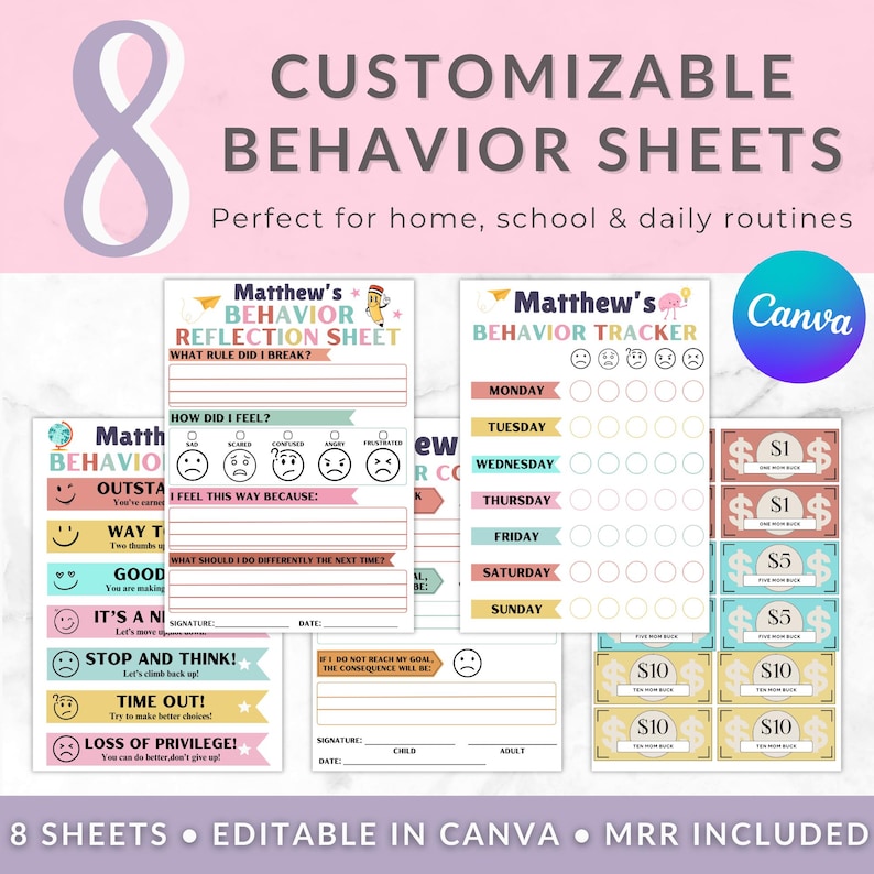 Editable Behavior Sheets for Kids | Behavior Tracker, Reflection Sheet, Mom Bucks Reward System ...