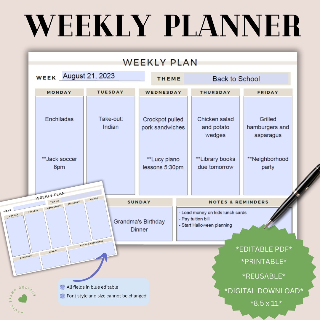 WEEKLY PLANNER Menu and Family Printable Editable Digital Download - Etsy