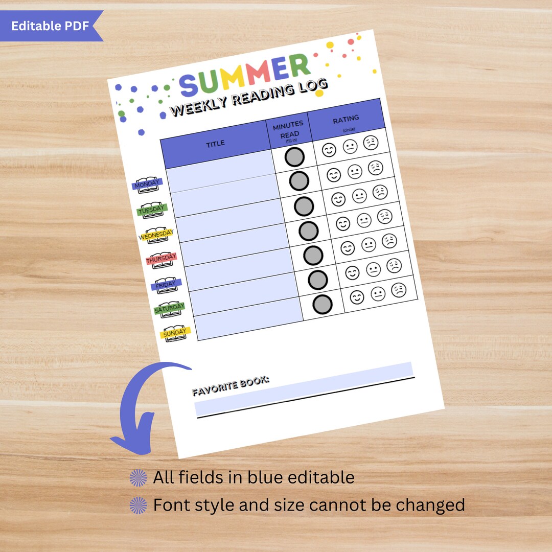 SUMMER Kids Weekly Reading Log Printable Editable Digital Download - Etsy