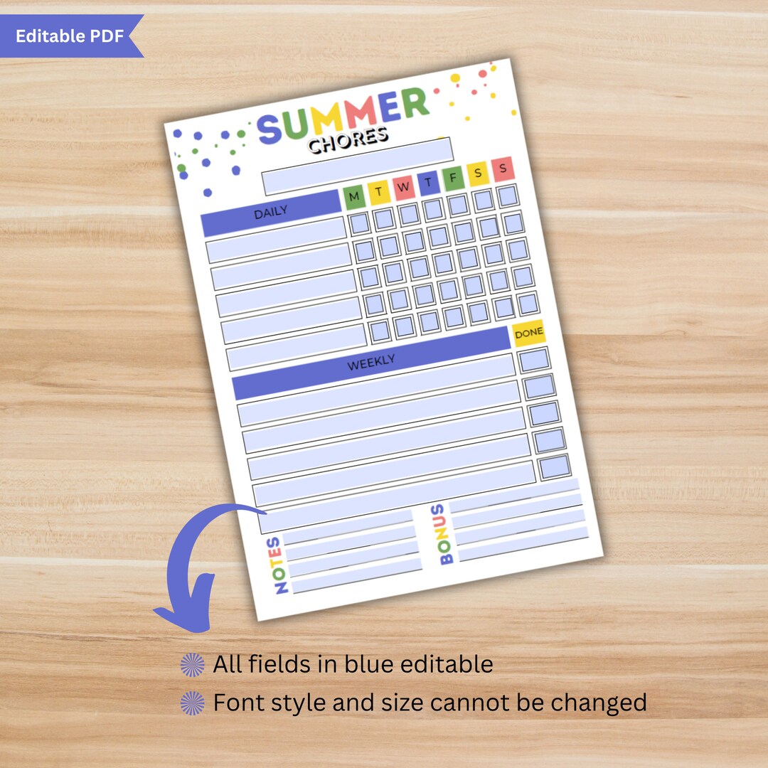 Printable Editable Digital Download SUMMER Chore Chart - Etsy