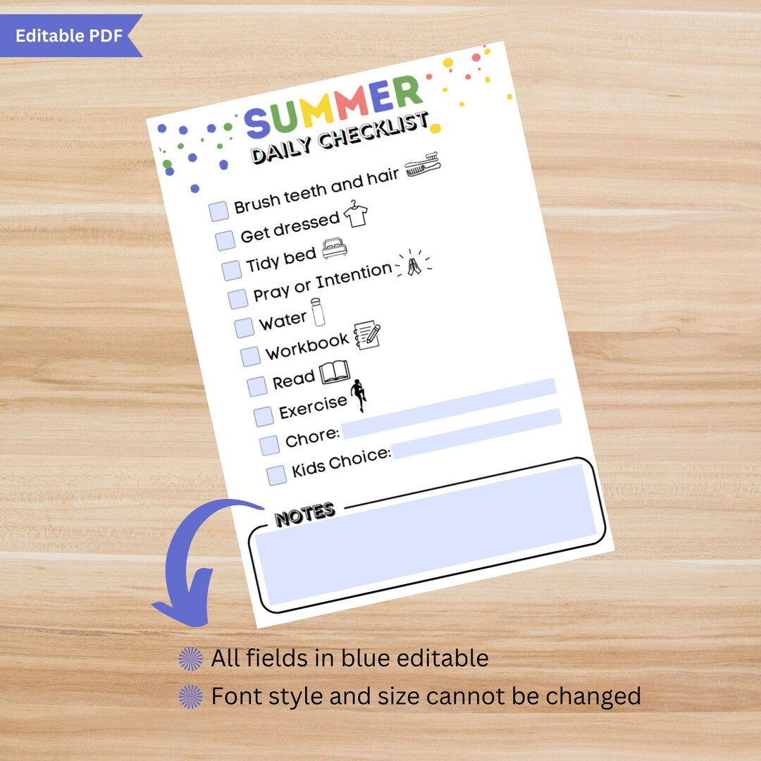 Printable Editable Digital Download SUMMER Kids Daily Checklist - Etsy ...
