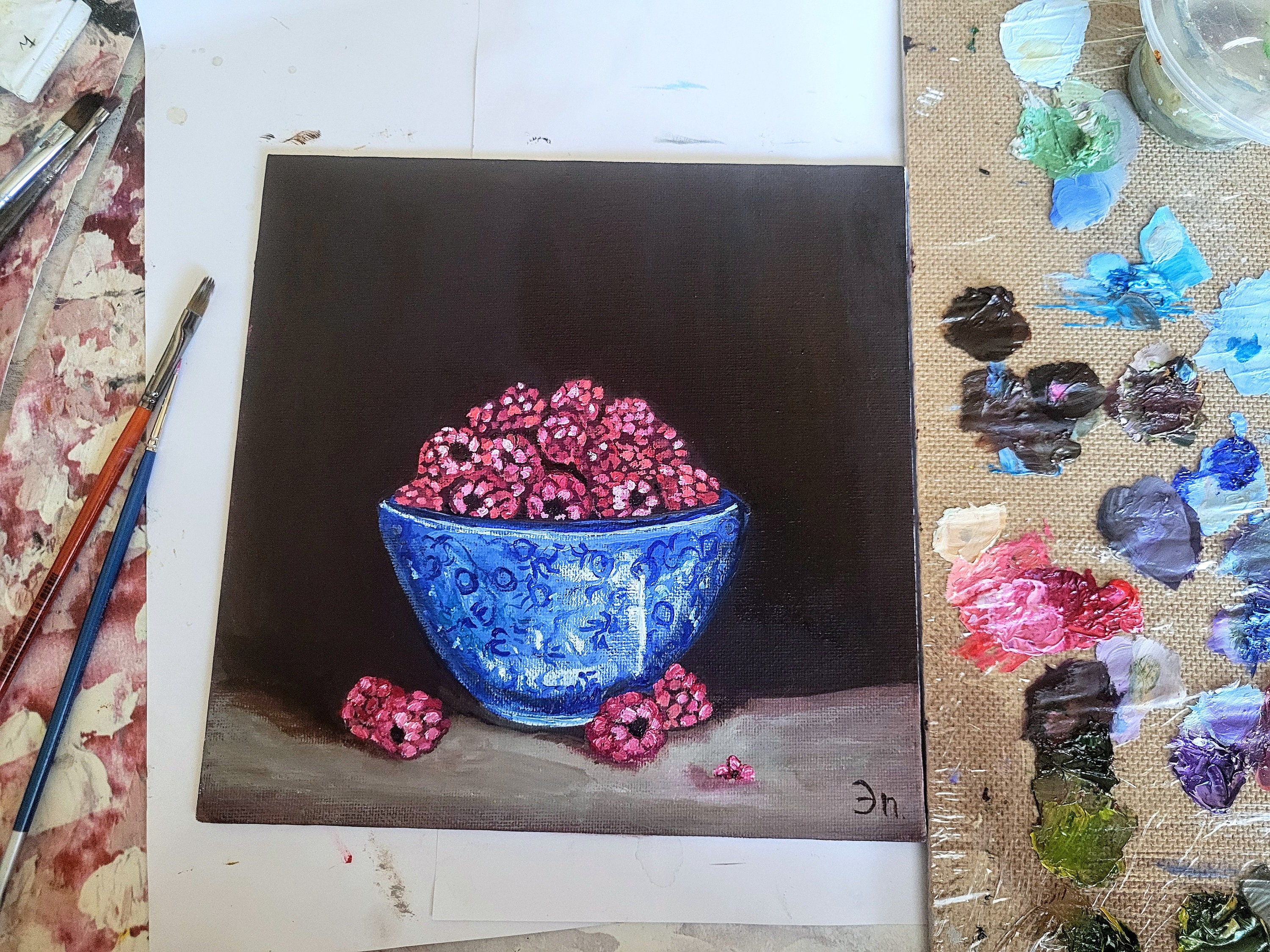 Raspberry Bowl Original Still Life Painting Kitchen Art Food Painting ...