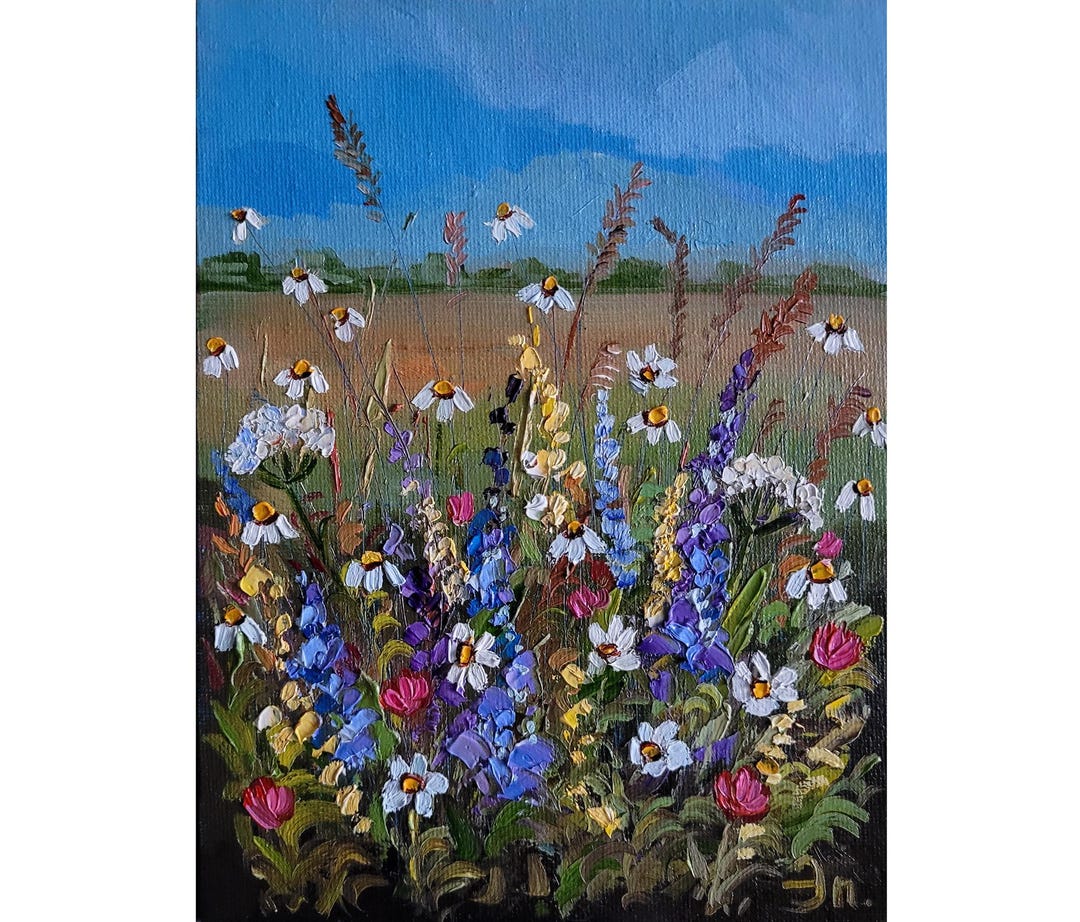 Flower Painting Daisy Original Art Floral Landscape Painting Meadow Impasto Oil Painting Flowers ...