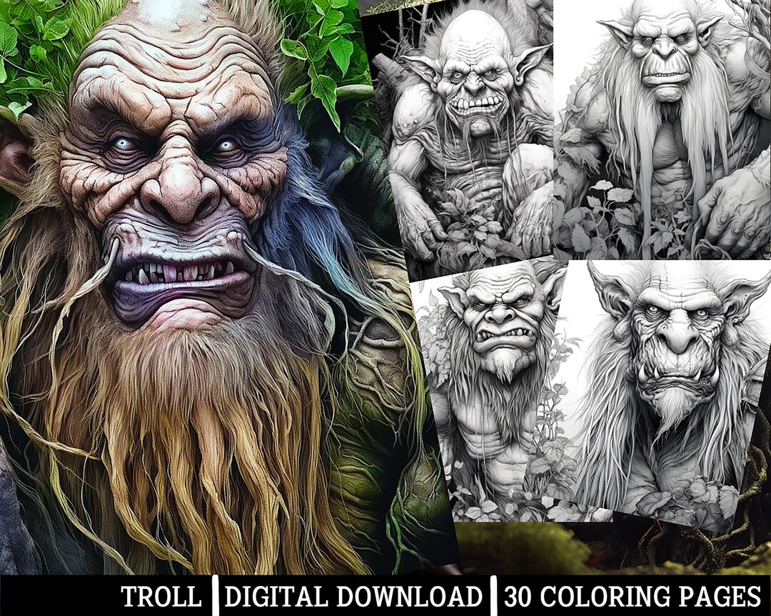 Troll Coloring Pages for Adults Instant Download grayscale Coloring ...