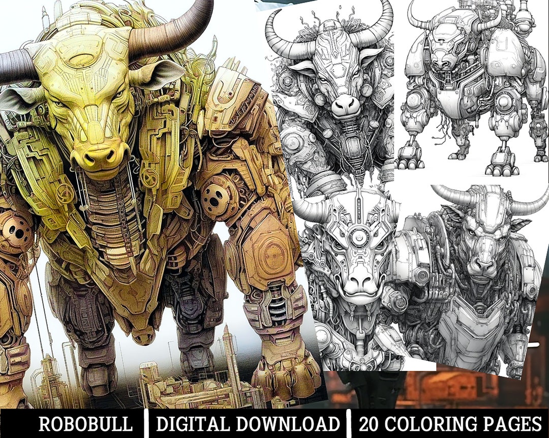 Robo Bull Coloring Pages,for Adults instant Download grayscale Coloring ...