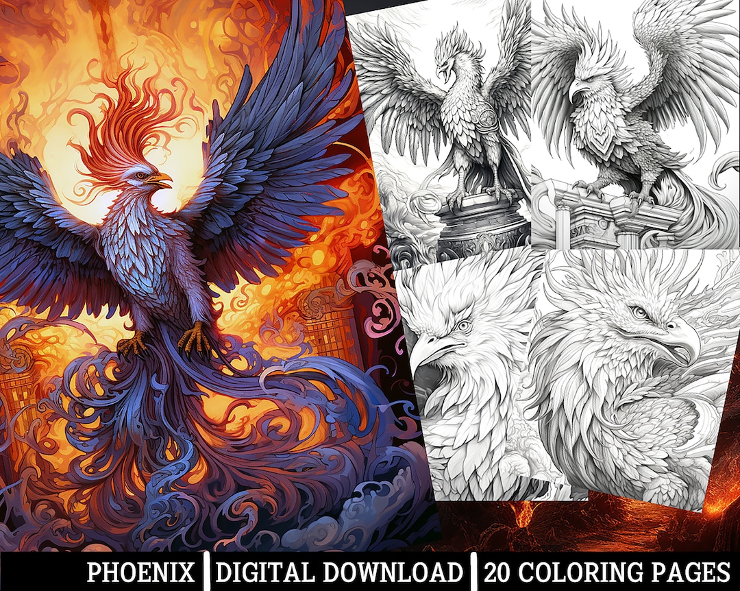 Phoenix Coloring Pages,for Adults Instant Download Grayscale Coloring ...