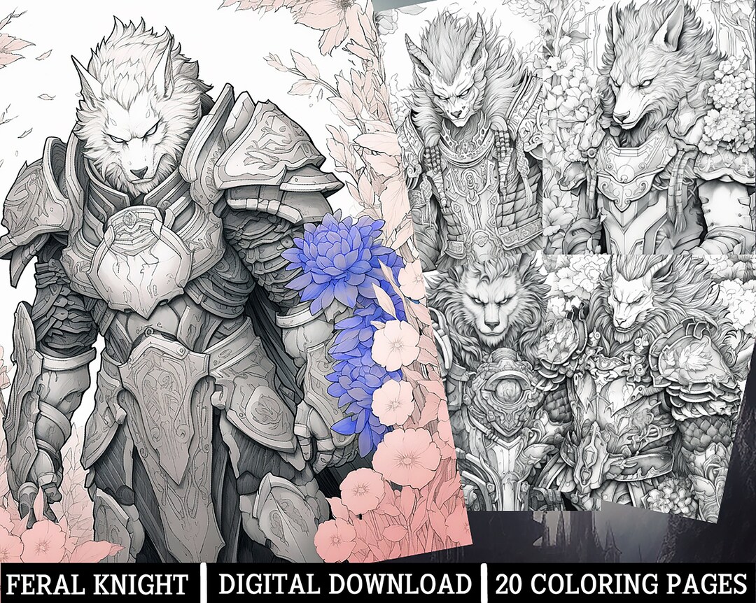 Feral Knights Coloring Pages,for Adults Instant Download Grayscale ...