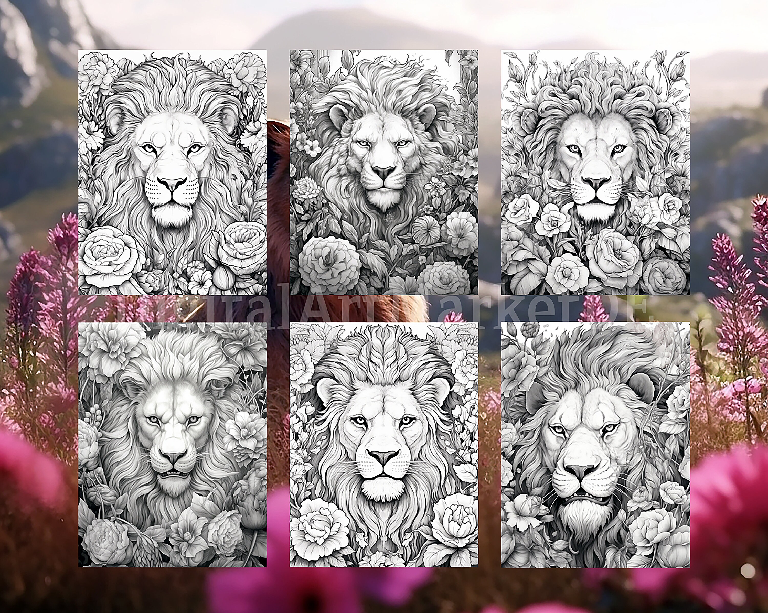 Flower Lion Coloring Pages for Adults Instant Download - Etsy