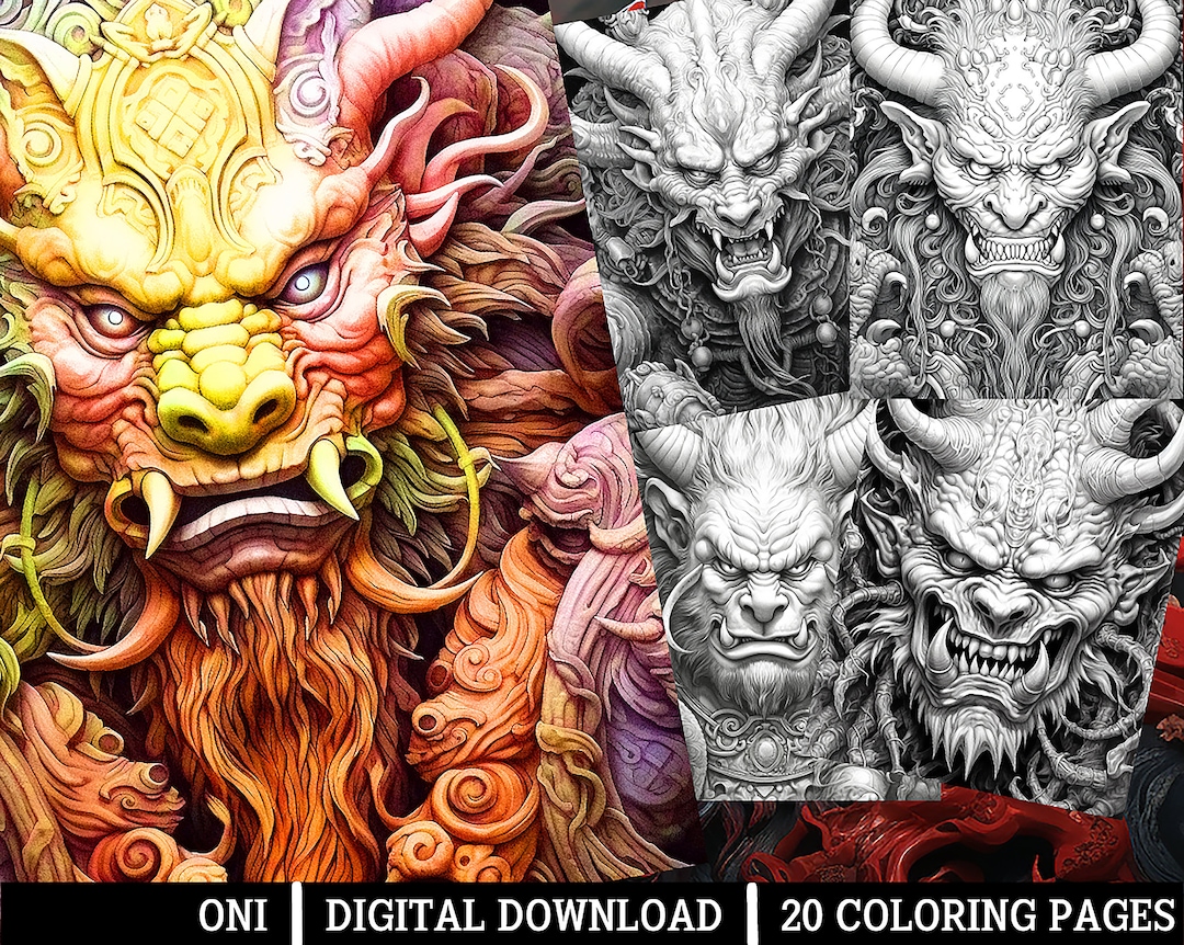 Oni Coloring Pages,for Adults - Instant Download -grayscale Coloring ...