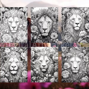Flower Lion Coloring Pages for Adults Instant Download Grayscale ...