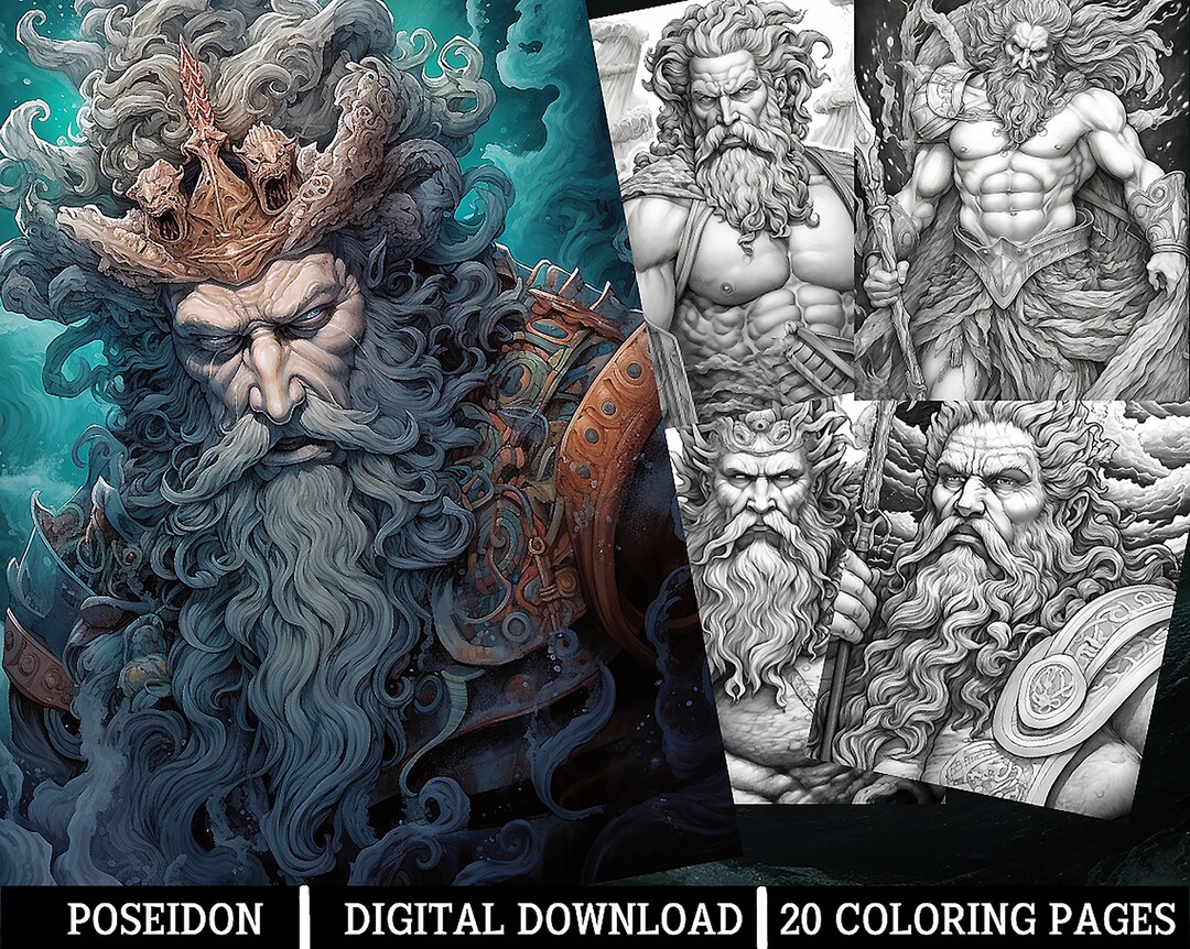 Poseidon Coloring Pages for Adults - Instant Download - Grayscale ...
