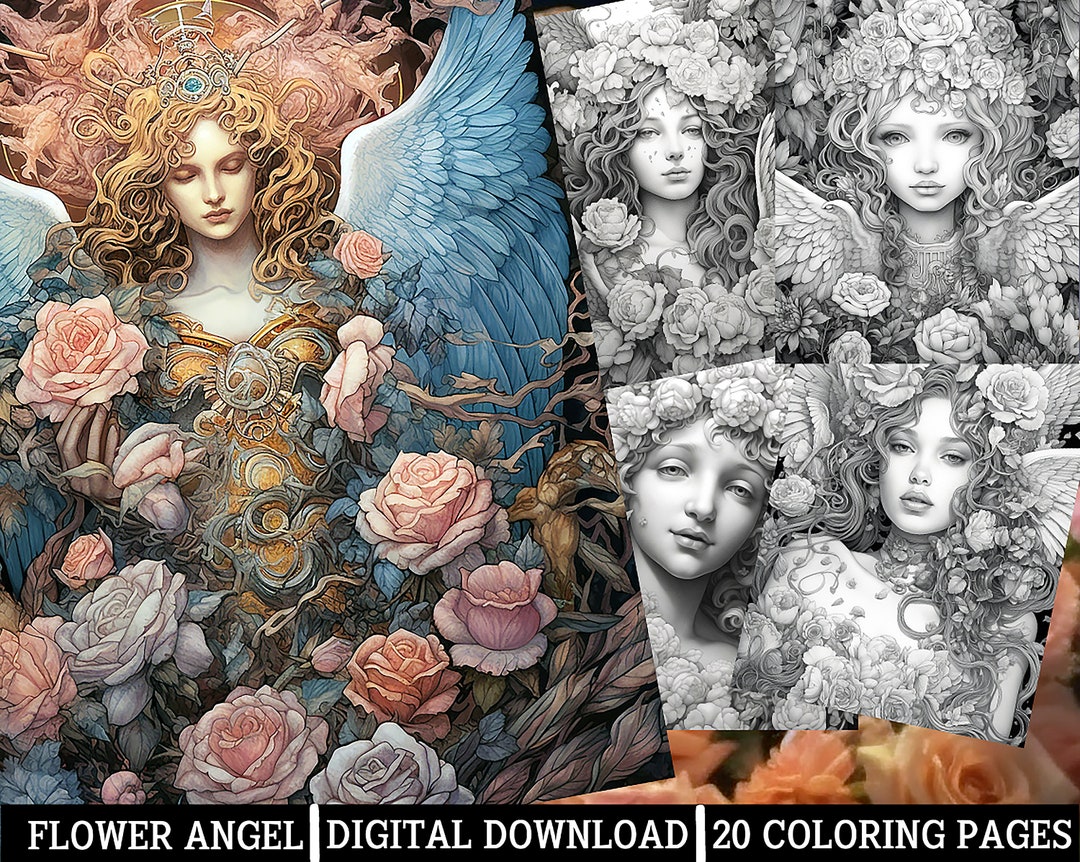 Flower Angels Coloring Pages,for Adults - Instant Download - Grayscale ...