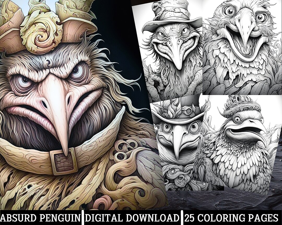 Absurd Penguins Coloring Pages for Adults - Instant Download -grayscale ...