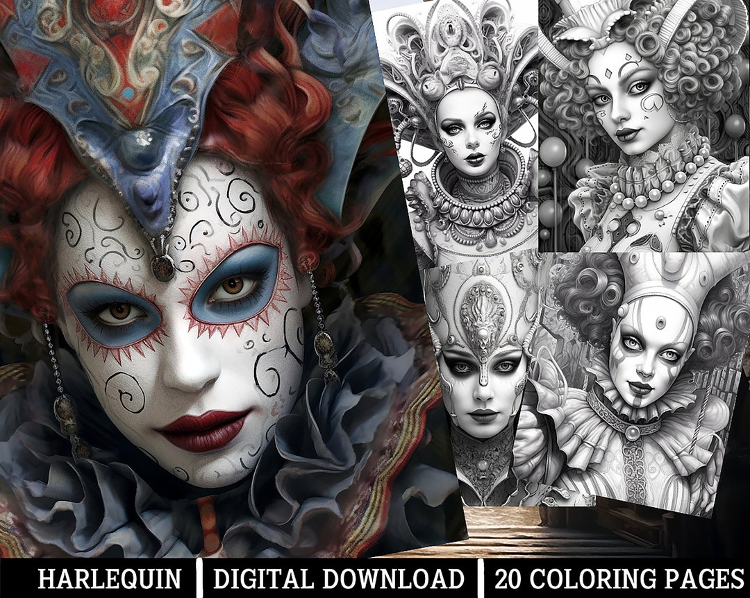 Harlequins Coloring Pages,for Adults Instant Download grayscale ...